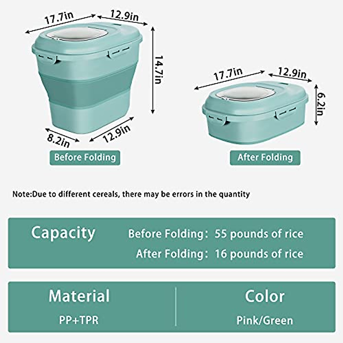 Cereal Rice Food Storage Containers, Collapsible 20 to 50 Lbs Dispenser Bin with Rolling Wheel Airtight Locking Lid, Dog Pet Cat Flour Sugar Plastic Leakproof Sealable Large Kitchen Pantry Holder