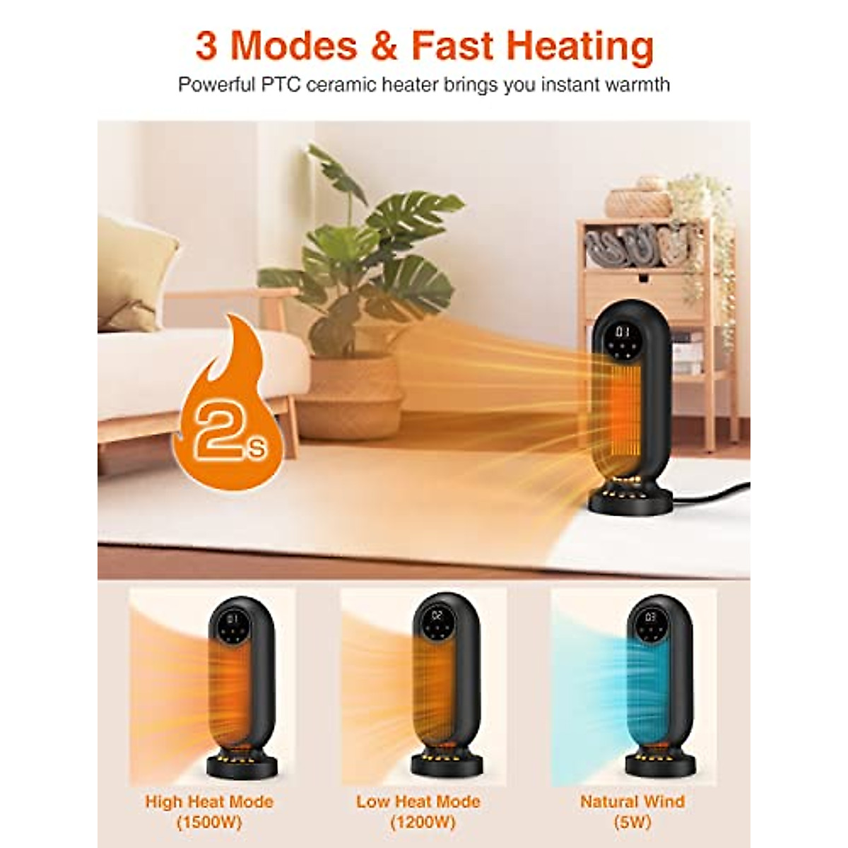 Lafhome Space Heater, 1500W Portable Ceramic Tower Heater, Oscillating Electric Space Heater with LED Flame Light, 12H Timer & Remote Control for Home Bedroom Office Indoor Use