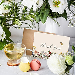 JarThenaAMCS 50 Pack Wildflower Thank You Cards Vintage Flower Greeting Cards Floral Blank Note Cards with Kraft Envelope Sticker for Birthday Wedding Bridal Shower, 4 x 6 Inch