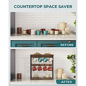 OROPY Wood Coffee Mugs Holder for Counter with 16 Hooks, 2 Tier Mugs Tree with Top Storage Shelf, Vintage Countertop Mug Rack Stand for Home Coffee Bar Storage and Display