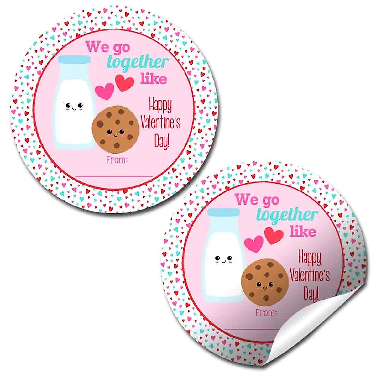 Milk and Cookies Valentine Party Favor Sticker Labels, 40 2" Party Circle Stickers by AmandaCreation, Great for Classroom Valentines, Envelope Seals, Gifts & Treats