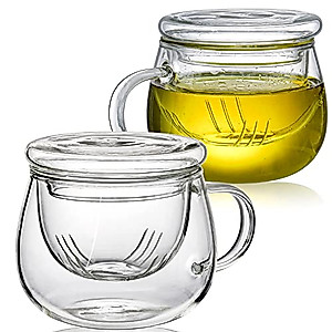 Tosnail 2 Pack 13 Ounce Glass Tea Cup with Lid and Tea Infuser Set, Tea Mugs with Strainer, Clear Teacups with Tea Filter, Glass Cups for Loose Tea Brewing
