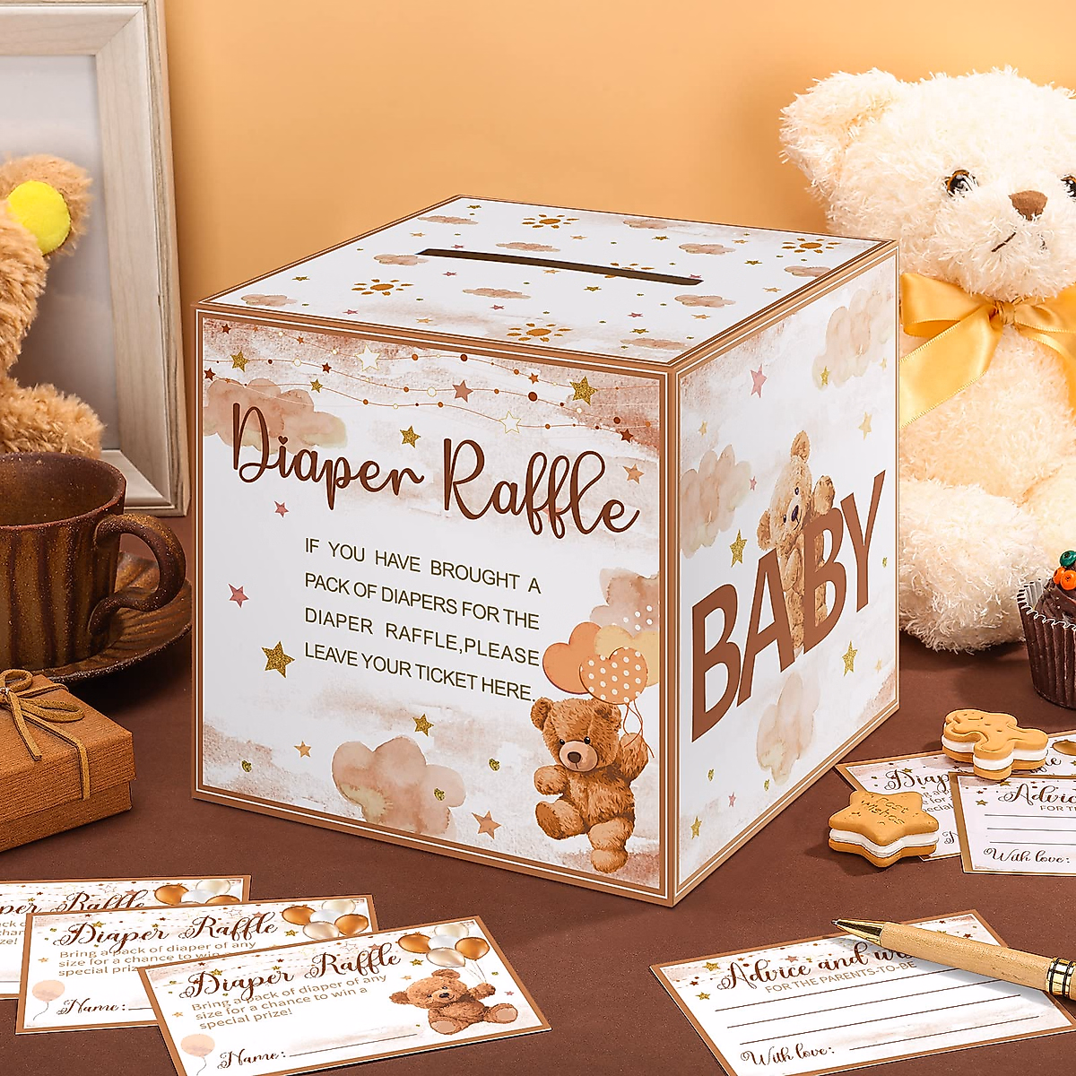 Fuutreo 51 Pcs Diaper Raffle Box with Tickets for Baby Shower Box Balloon Themed Baby Shower Decorations Baby Shower Holder for Diaper Raffle Party(Bear)