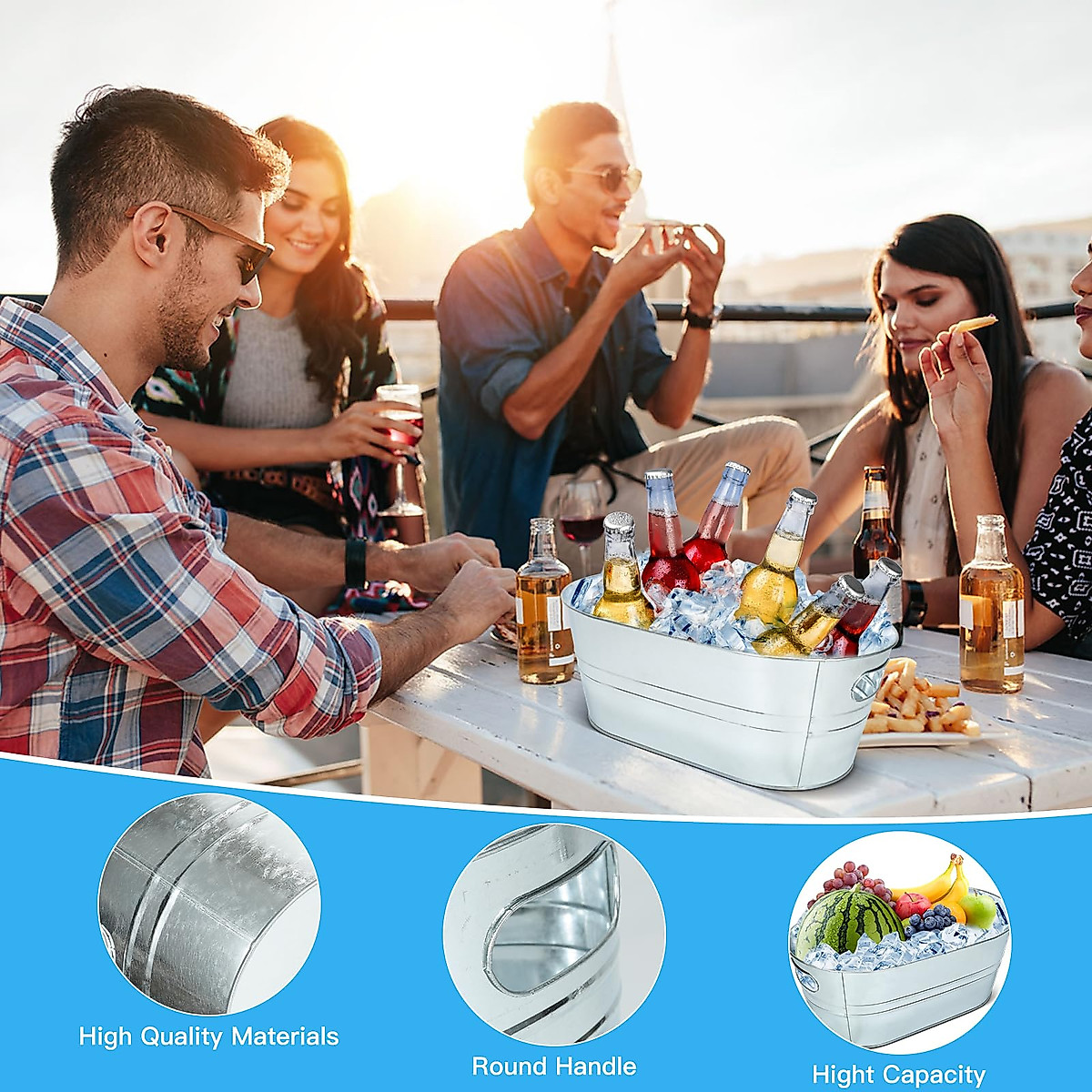 4PCS 4 Gallon Galvanized Tub, Beverage Tub, Ice Buckets for Parties With Carry Handles, Drink Buckets for Parties, Beverage Tubs for Parties, Mimosa Bar Supplies