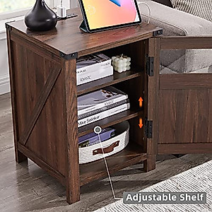 JXQTLINGMU Farmhouse End Table with Charging Station, 18'' Rustic Nightstand with Barn Door & Adjustable Shelf, Wooden Sofa Side Table with 3-Tier Storage for Living Room, Bedroom, Brown