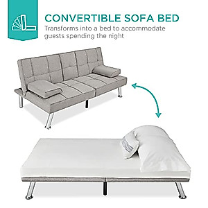 Best Choice Products Linen Upholstered Modern Convertible Folding Futon Sofa Bed for Compact Living Space, Apartment, Dorm, Bonus Room w/Removable Armrests, Metal Legs, 2 Cupholders - Light Gray