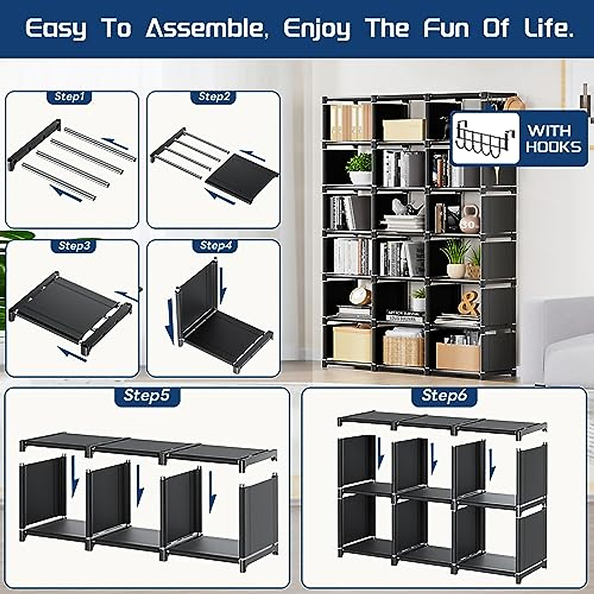 Mavivegue Book Shelf, 18 Cube Storage Organizer, DIY Bookcase, Metal Cube Bookshelf,Tall Book case for Bedroom, Living Room,Office,Closet Storage Organizer, Black Cubicle Storage Rack
