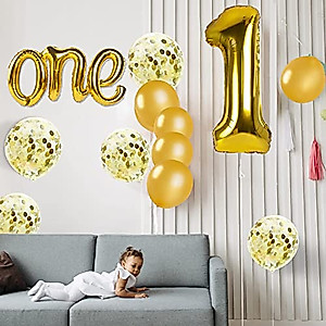 ECam Large - Gold One Balloon for First Birthday, 40 Inch Number 1 Balloon, Gold 1st Birthday Balloons, Confetti Balloons, Gold 1 Balloon 1st Birthday Decorations for Boys, 1 Year Old Balloon