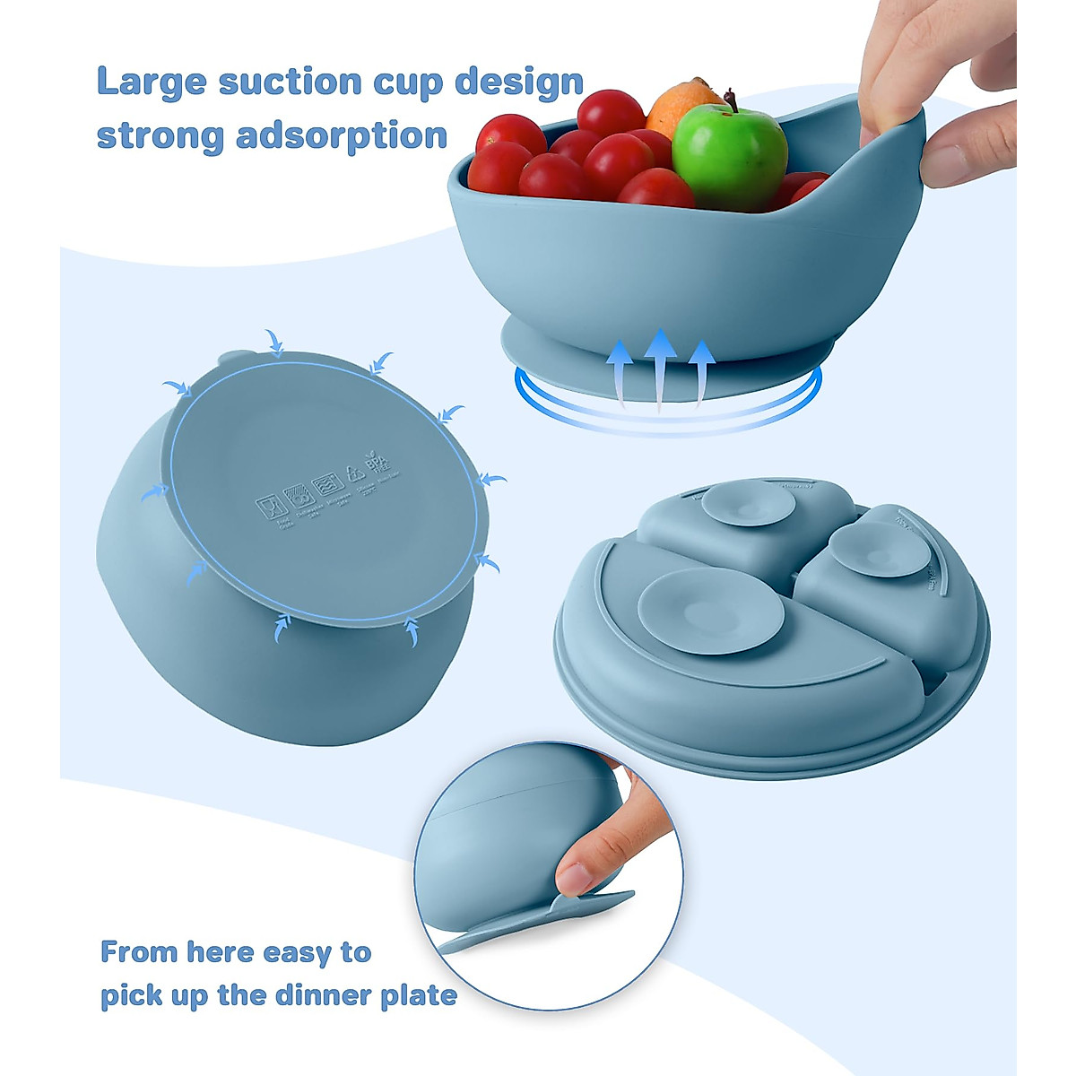 ECLIP Silicone Baby Feeding Set, 10 Pcs Baby Led Weaning Supplies with Suction Bowl Divided Plate Adjustable Bib Soft Spoon Fork Snack Cup with Lid Drinking Cup, Utensil (Blue)