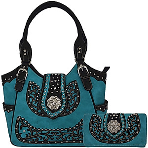 Western Style Rhinestone Concho West Concealed Carry Purse Country Handbag Women Shoulder Bag Wallet Set (Turquoise Set)