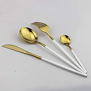 JANKNG 24-Piece Flatware Set, 18/0 Stainless Steel Knife Fork Spoon Teaspoon Silverware Set, Service for 6, White Handle Gold