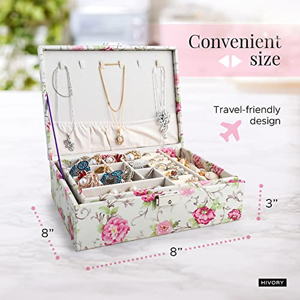 Jewelry Organizer Box - Women Two Layer Display Storage Case Large PU Leather Jewelry Holder with Lock for Earring Ring Necklace Bracelet, Beige White (Floral White)