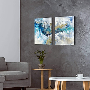 TAR TAR STUDIO Abstract Canvas Artwork Wall Art: White and Blue Painting Hand Painted Picture for Bedroom (18''W x 24''H x 2 PCS)