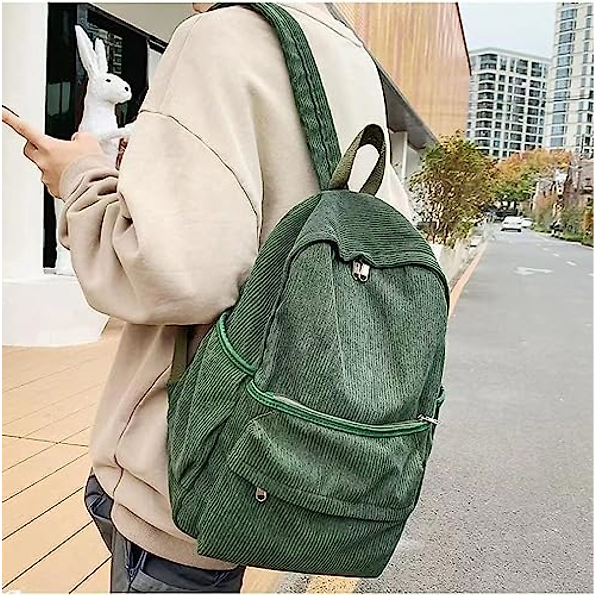 KAOBIO Preppy Corduroy Backpack Large Aesthetic Backpack Fit 15.6 inch Laptop College Backpack Cute Book Bag Casual Daypack (Green,One Size)
