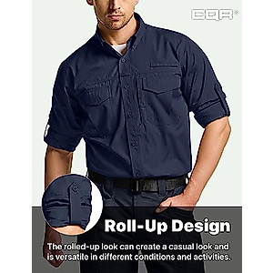 CQR Men's Long Sleeve Tactical Shirts, Ripstop Military Work Shirts, UPF 50+ Breathable Button Down Outdoor Hiking Shirt, Officer Work Shirts Dark Midnight Navy, Large
