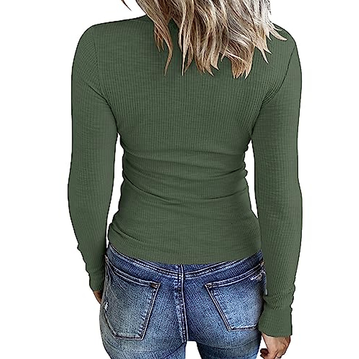 KINLONSAIR Women Casual Long Sleeve Tunic V-Neck Slim Fit T Shirts Basic Tee Tops Crew Neck Ribbed Knit Solid Shirt Army Green