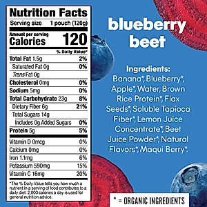 Noka Superfood Fruit Smoothie Pouches, Blueberry Beet, Healthy Snacks with Flax Seed, Plant Protein and Prebiotic Fiber, Vegan and Gluten Free Snacks, Organic Squeeze Pouch, 4.22 oz, 12 Count