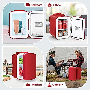 YSSOA 4L Mini Fridge with 12V DC and 110V AC Cords, 6 Can Portable Cooler & Warmer Compact Refrigerators for Food, Drinks, SkinCare, Office Desk, Red