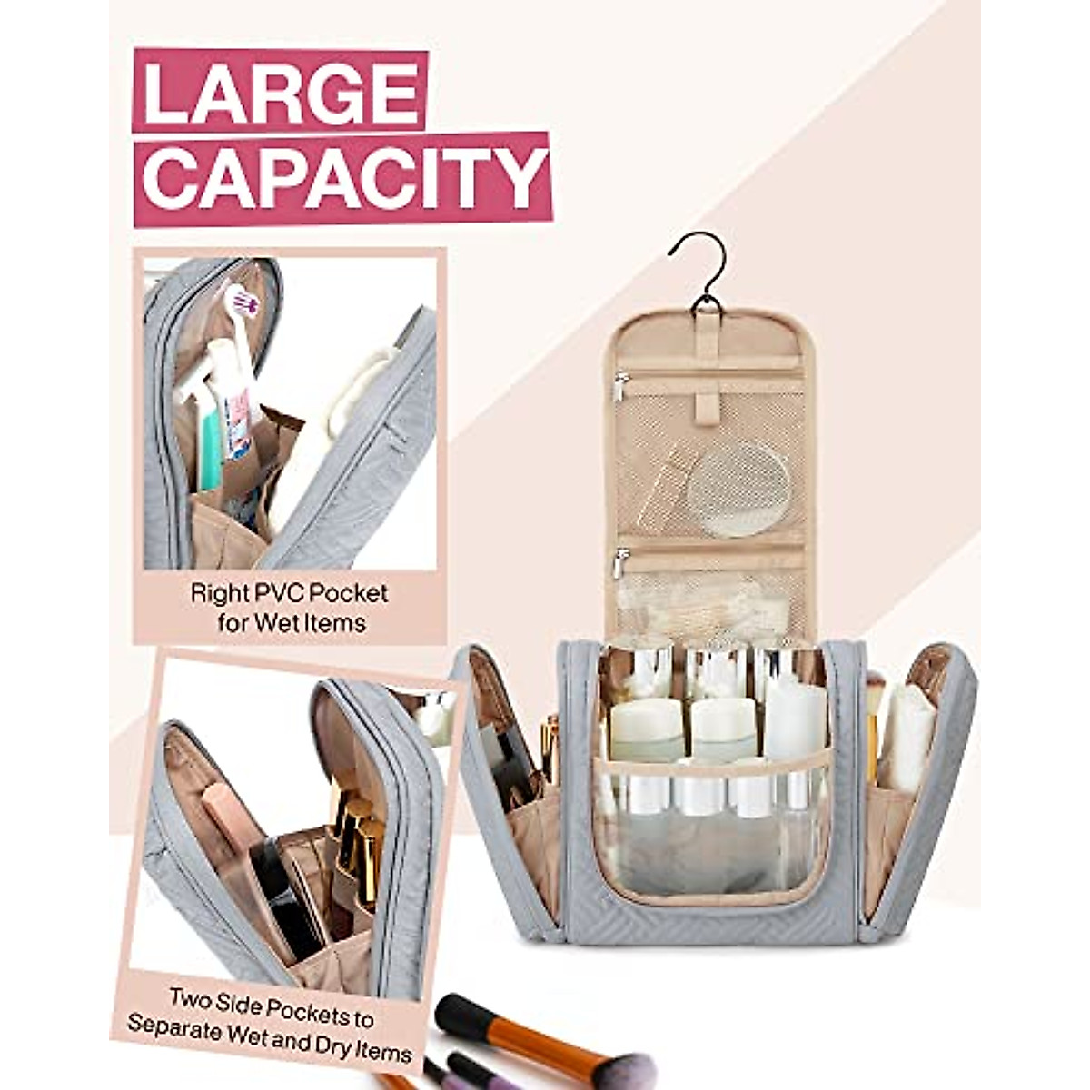 BAGSMART Travel Toiletry Bag for Women, Hanging Toiletry Bag with Hook, Travel Cosmetic Makeup Bag Travel Organizer for Accessories, Shampoo, Full Sized Container, Toiletries,Grey-Medium