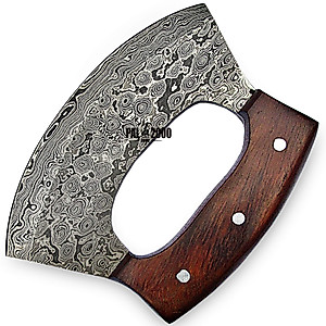 Knives - Alaskan Ulu - Mezzaluna Ulu Knife - Pizza Cutter Ulu - Traditional Ulu - Handmade Damascus Steel - Wood Handle - Ulu Knife - Vegetable Chopping Ulu - Crescent Blade (9891)