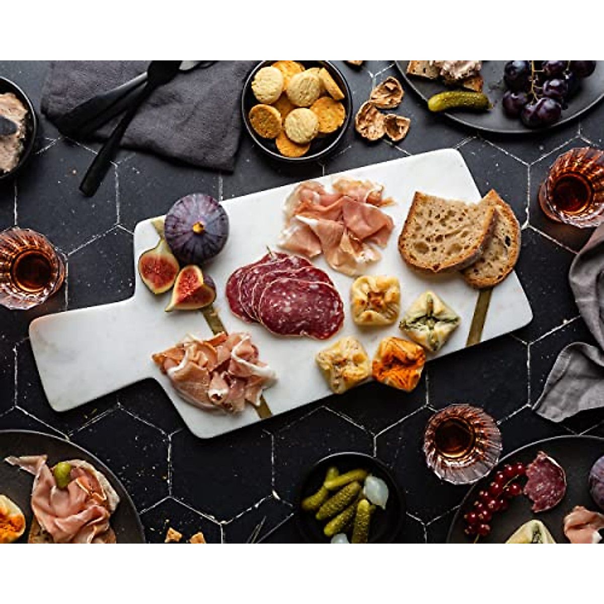 Cork & Mill Marble Cheese Board - Handcrafted Marble and Brass Charcuterie Board - Modern Decorative Kitchen Serving Platter - White Marble Cheese Tray with Gold Brass Accents - 15" Long Serving Board