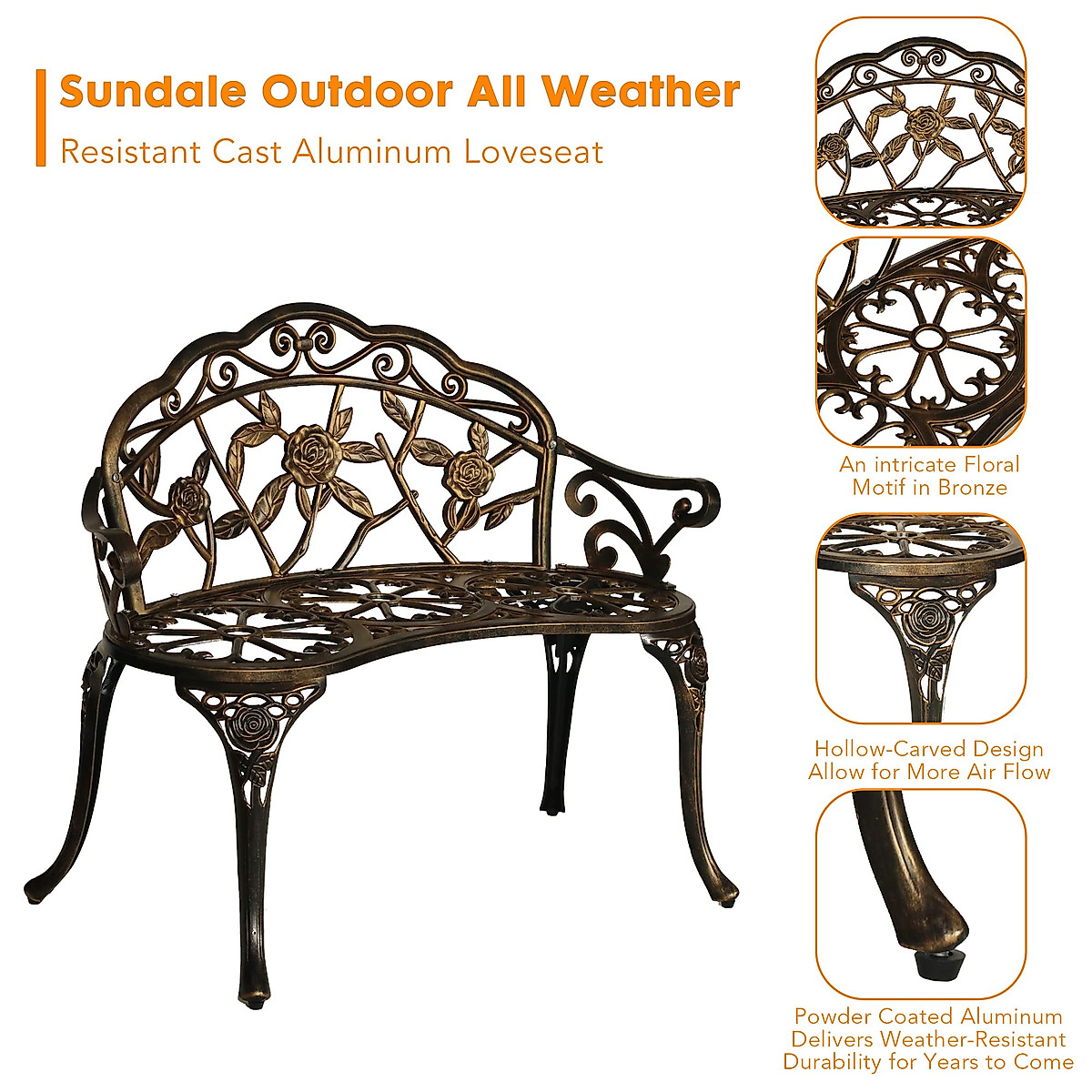 Sundale Outdoor 4 Piece Bistro Set, Cast Aluminum Umbrella Table Chair Loveseat Furniture All Weather Resistant Antique Finish Patio Conversation Set for Balcony Porch Yard Bronze Rose