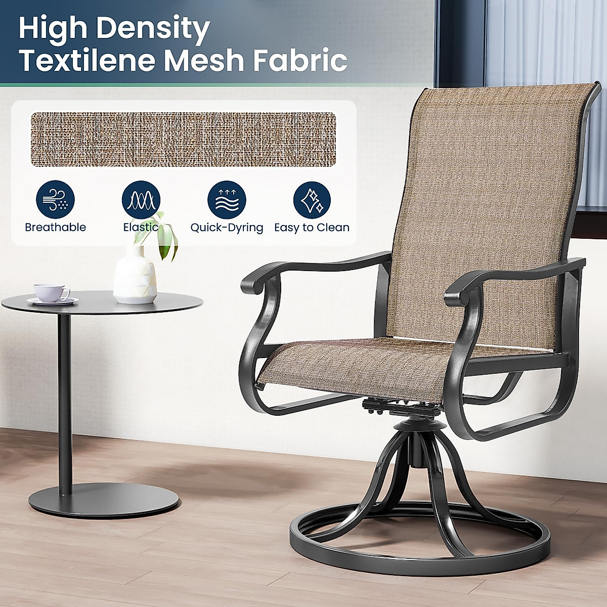 Amopatio Patio Swivel Chairs Set of 2, Outdoor Swivel Rocker Dining Chairs with All Weather Textilene High Back & Metal Frame, for Backyard Deck Lawn Garden, Brown