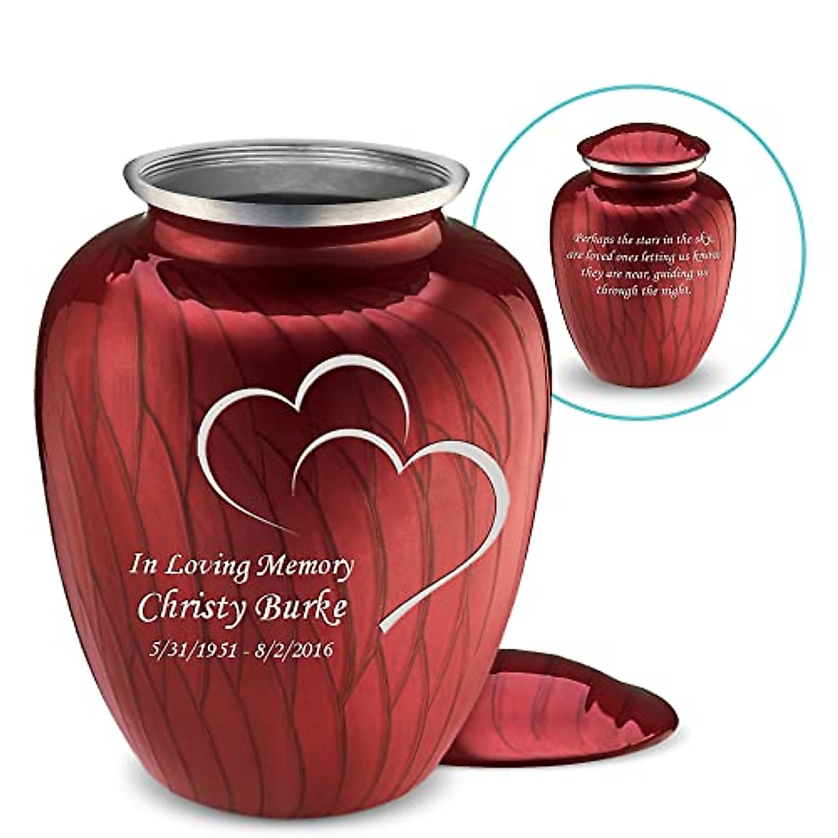 GetUrns - Embrace Hearts Urns for Human Ashes, Cremation Urns for Adult Ashes Men & Women, Cremation Urn for Home, Vault, or Niche, 200 cu. in, Double-Sided Engraving, Pearl Candy Red