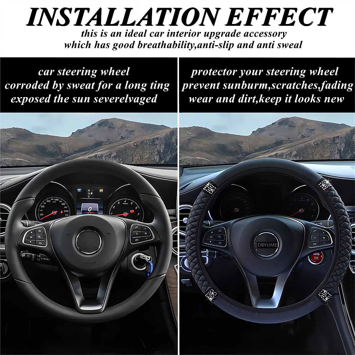 DBYUME Leather Car Steering Wheel Cover with Bling Bling Crystal Rhinestones, Universal 15 Inch Car Anti-Slip Steering Wheel Protector for Women Girls (Black)