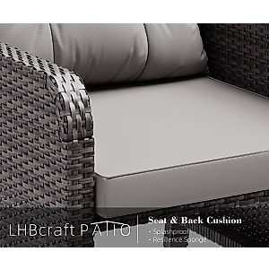 LHBcraft Balcony Furniture 5 Piece Patio Conversation Set, PE Wicker Rattan Outdoor Lounge Chairs with Soft Cushions 2 Ottoman&Glass Table for Porch, Lawn-Grey Wicker (Grey-Grey)