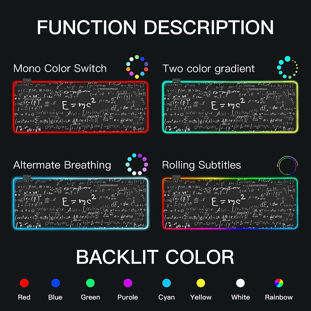 Large RGB Gaming Mouse Pad Blackboard Inscribed Scientific Formulas Calculations Physics Glowing Extended Mousepad 31.5x11.8in, Soft Anti-Slip Rubber Base Luminous Mouse Mat for Pc Laptop, Gaming, of