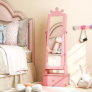 Costzon Kids Jewelry Armoire Cabinet, 45” Standing Jewelry Organizer with Full-Length Mirror, 3 Storage Drawers, Kids Vanity Dress Up Mirror Jewelry Cabinet for Girls (Pink)