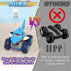 zingzoom Amphibious Remote Control Car, Fast Direct Charging RC Cars 360° Flip Waterproof Monster Trucks 2.4Ghz 15KM/H 4WD All Terrain RC Race Car Toy Xmas Gift for Boys and Girls Aged 3-12