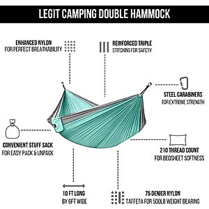 Legit Camping Hammock - Hammocks - 2 Person Hammock - Tree Hammock - Double Hammock - Portable Hammock - Outdoor Hammock - Hammock - Travel Hammock - Hammocks for outside - Heavy Duty Hammock