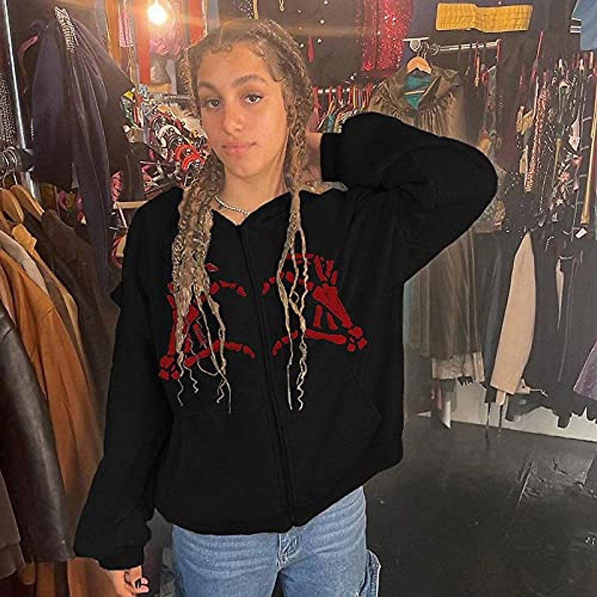 NUFIWI Vintage Zip Up Hoodies for Women Rhinestone Graphic Oversized Sweatshirts Aesthetic Pullover Jackets Gothic Streetwear(Gesture Black Heart,L)