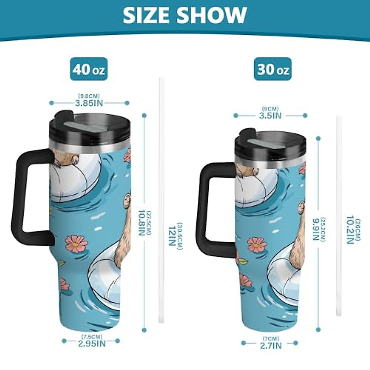 Selerdon 40 oz Tumbler Capybara Float with Handle and Straw Lid Vacuum Stainless Steel Insulated Water Bottle Travel Mug Car Cup Holder Friendly BPA Free for Gym Travel Office