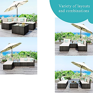 5-Piece Outdoor Furniture Sofa Set, Patio Rattan PE Wicker Furniture Corner Sofa Set, All-Weather Wicker Rattan Conversation Set with Cushions and Glass Table (Beige + Rattan)