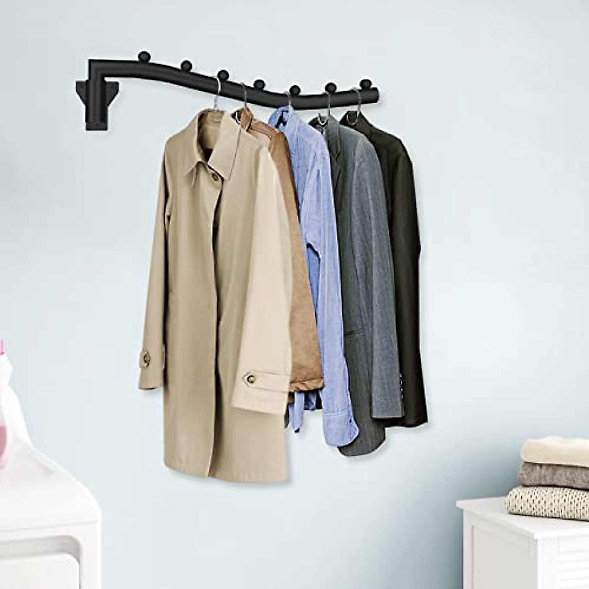 Folding Clothes Hanger Rack Swing Arm Hook Holder Clothing Hanging Garment Drying Closet Rod Storage Organizer Wall Mount Space Saving for Closet Organizer, Bathroom, Bedroom, Laundry Room Black