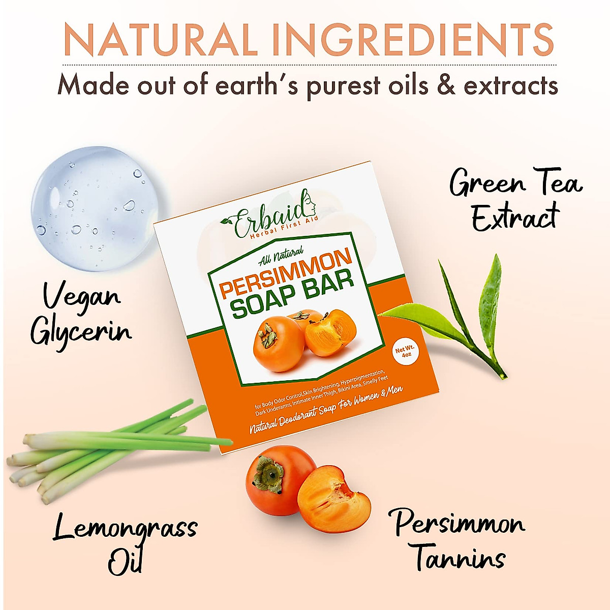 Persimmon Soap Bar for Body Odor Control – Purifying Deodorizing Body Wash with Japanese Persimmon & Green Tea Extract for Eliminating Nonenal Body Odor – Deodorant Soap Great for Skin Brightening