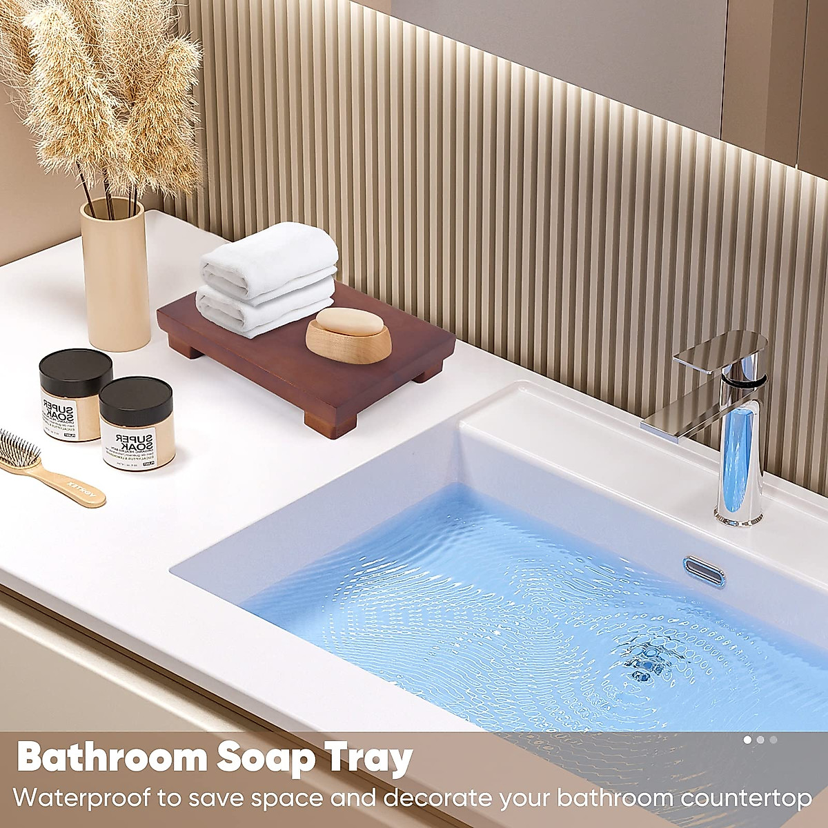 Wood Pedestal Soap Stand,Bathroom Tray,Farmhouse Wood Riser,Soap Tray Holder for Kitchen,Soap Dish Counter Decor for Plant Bottles Candles Display-Brown