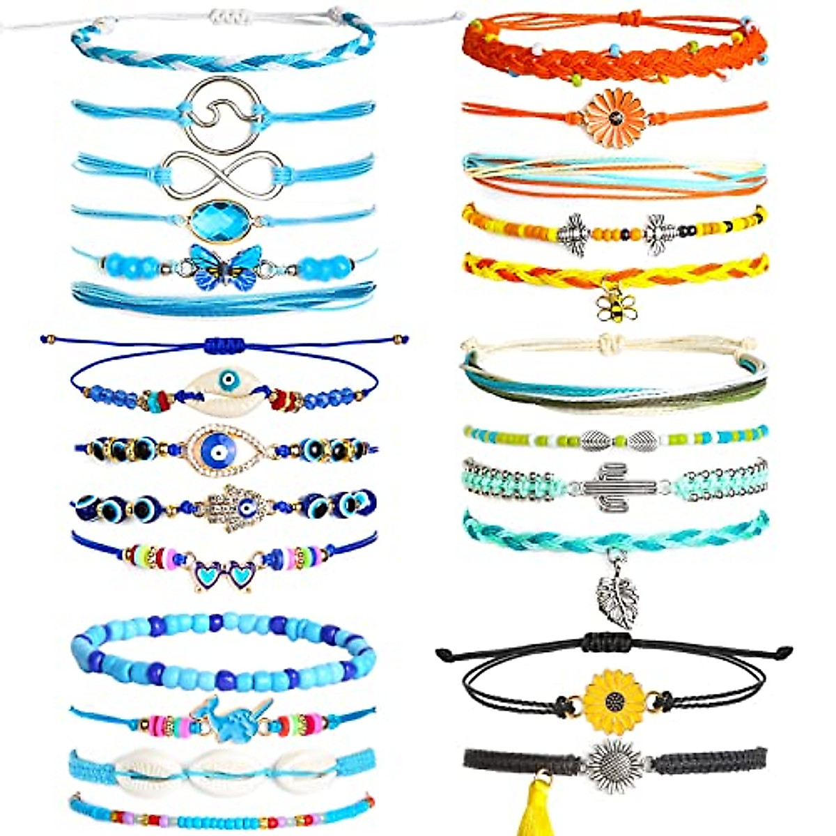 PAXCOO Set of 25 Surfer Wave Bracelet Ocean Wave Adjustable Waterproof Handmade Friendship Bracelet Summer Sunflower Bracelets Anklets Jewelry for Women Teen Girls