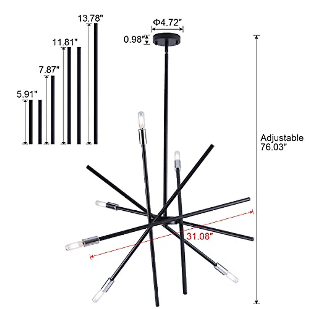 VILUXY Contemporary Chandelier Lighting Fixture 6-Light Matt Black Finish Mid-Century Pendant Lighting for Dining Room Bedroom Kitchen Living Room