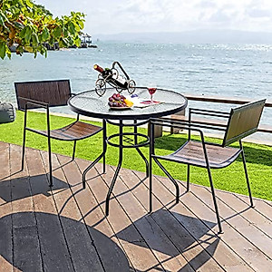 Tangkula 32" Outdoor Patio Table Round Steel Frame Tempered Glass Top Commercial Party Event Furniture Conversation Coffee Table for Backyard Lawn Balcony Pool with Umbrella Hole