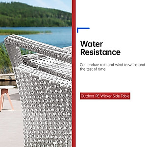 PayLessHere Outdoor PE Wicker Side Table Patio Coffee Table, Wicker Rattan Porch Coffee Table with Storage Shelf, Aluminum Frame, Gray