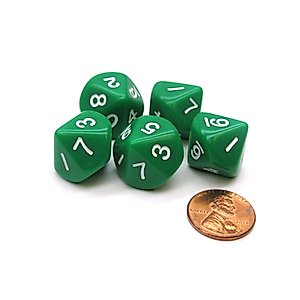 Koplow Games Set of 5 D10 10-Sided 20mm Opaque RPG Dice - Green with White Numbers