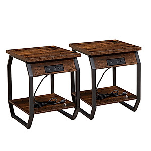 CANJUXK Side Tables with Charging Station, Set of 2 End Tables with USB Ports and Outlets, Nightstands for Living Room, Bedroom, Plug-in Series, Rustic Brown