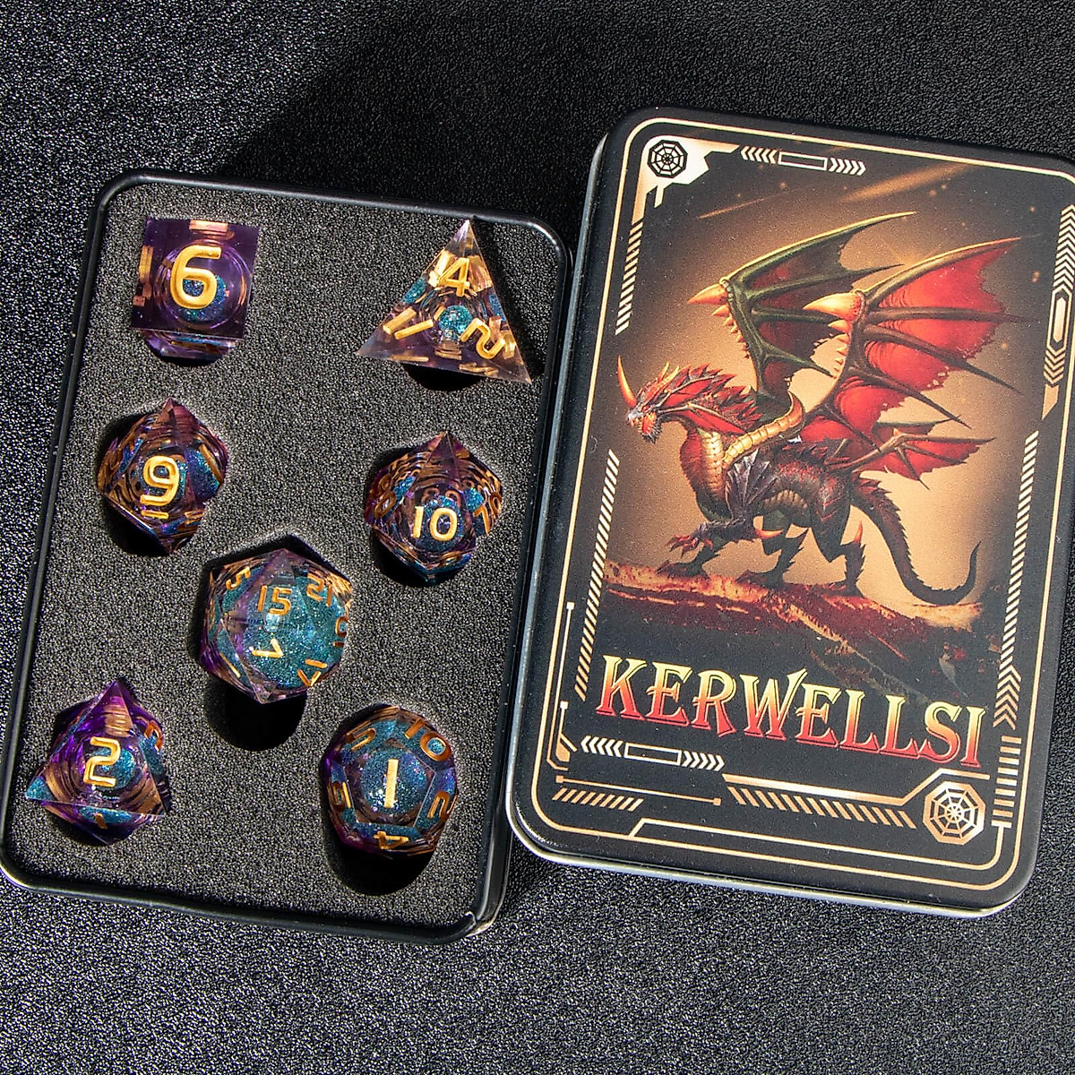 KERWELLSI Liquid Core D&D Dice Set, 7 Piece Sharp Edge Resin DND Dice Set, Polyhedral Dungeons and Dragons Dice with Gift Box, Purple RPG Role Playing D and D Dice D20 D12 D10 D8 D6 D4