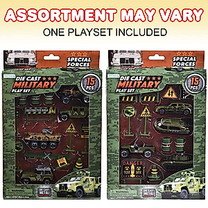 ArtCreativity Diecast Military Playset for Kids, 15-Piece Set with Army Trucks, Signs, Gas Cans and More, Imagination-Sparking Army Toys for Boys and Girls, Durable Army Truck Playset
