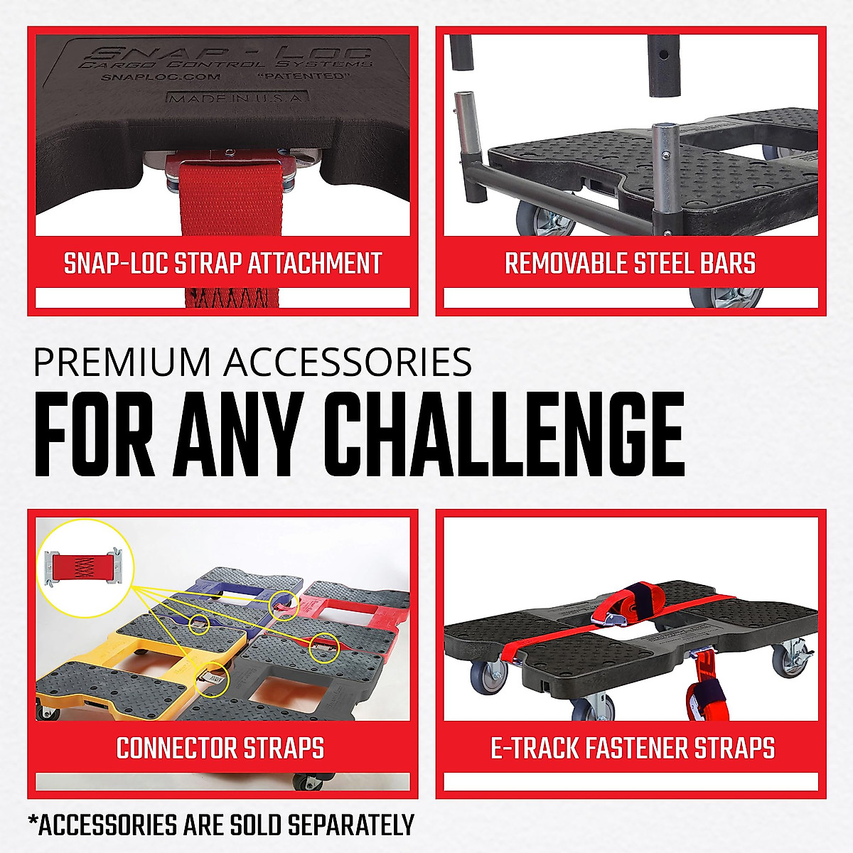 SNAP-LOC, All Terrain 4 Wheel Heavy Duty Dolly Cart, 6 Inch Casters, E Strap Attachment Included, 1,500 lb Capacity, Made in USA, Black