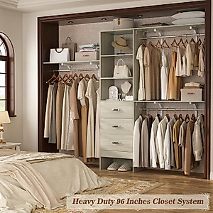 Armocity 96 Inches Closet System, 8FT Walk In Closet Organizer with 3 Shelving Towers, Heavy Duty Clothes Rack with 3 Drawers, Built-In Garment Rack, 96"L x 16"W x 75"H, Load 1000 LBS, White Oak